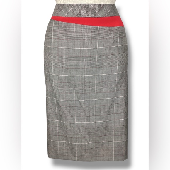 Escada | Skirts | Escada Plaid Pencil Skirt Black White Red Kick Pleat ...